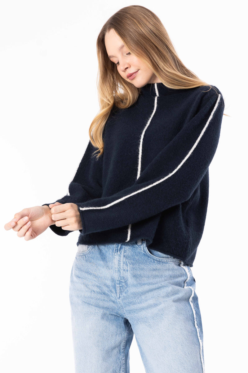 Turtleneck Jumper with Striped Detail in Navy – Alse Studio